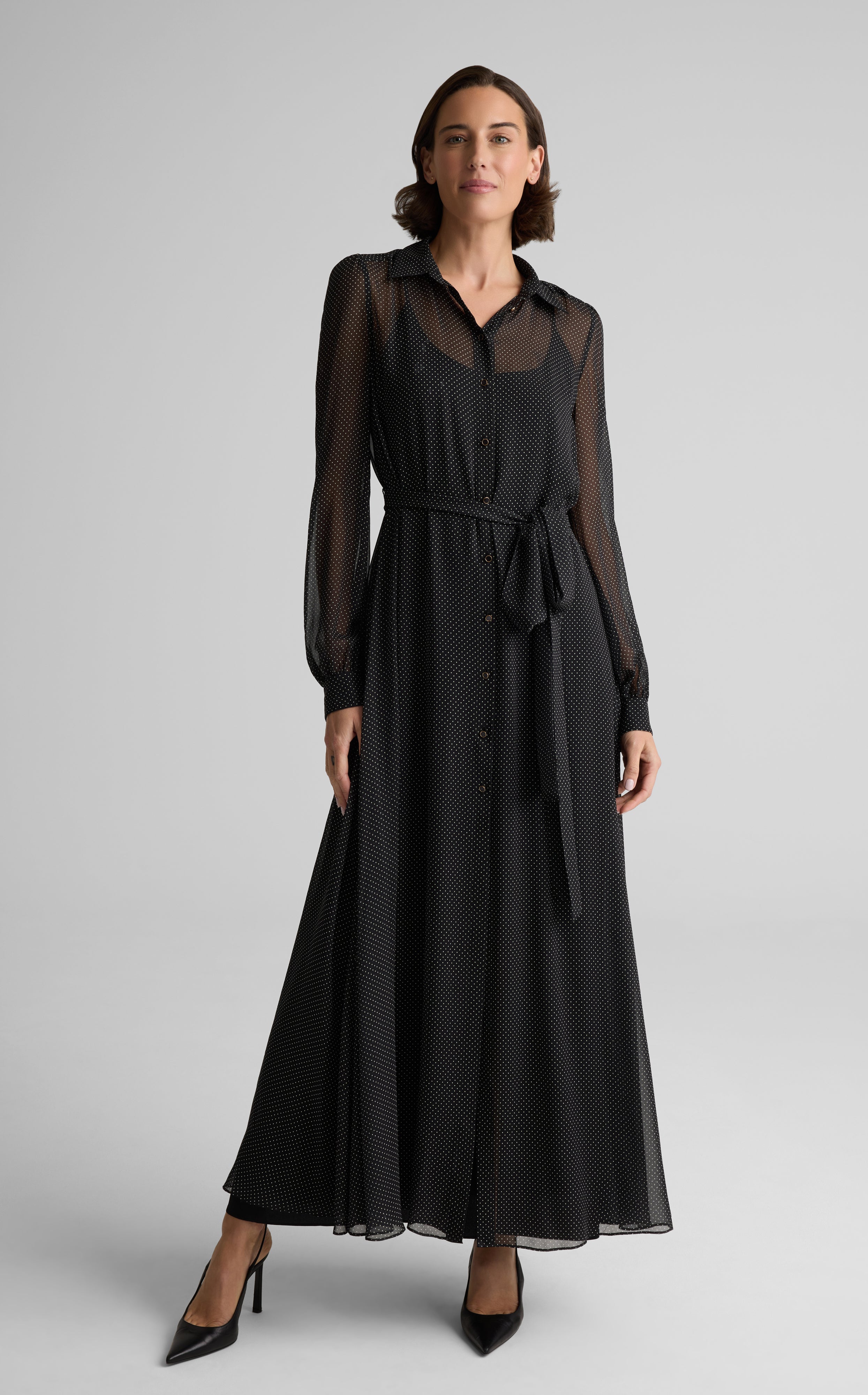 Lucienne Maxi Dress In Petite Dot Printed Silk | St. John Knits
